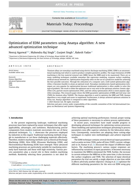 Pdf Optimization Of Edm Parameters Using Ananya Algorithm A New