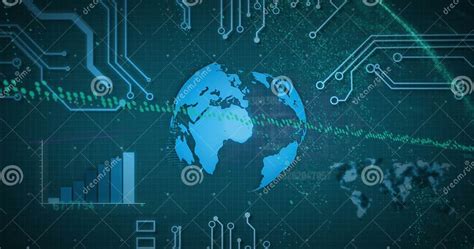 Image Of Graphs Computer Language Circuit Board Pattern Around Globe