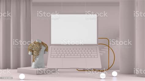 베이지 색 방에 계단과 건축 기둥 3d 빈 노트북 화면 0명에 대한 스톡 사진 및 기타 이미지 0명 3차원 형태 가정의 방 Istock