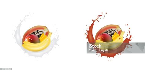 3d 프로 모션 배너 사실적인 망고 바나나 파파야 떨어지는 조각 주스 방울 비타민 잎으로 튀 습니다 아이스크림 요구르트 브랜드 광고 레이블 포스터 템플릿입니다 0명에 대한