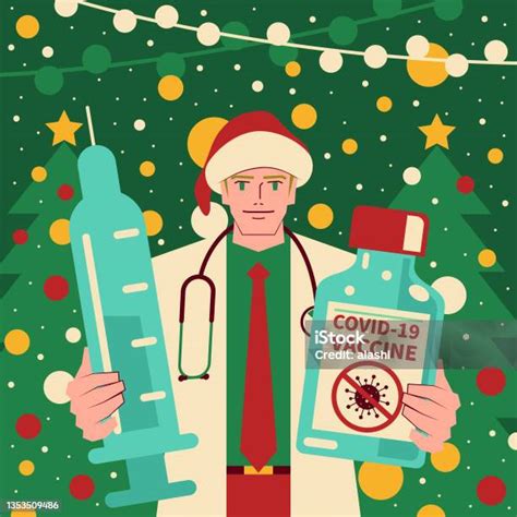 백신 병을 들고 산타 클로스 정장을 입고 코로나 바이러스 에 맞서 싸우는 주사기를 입은 행복한 잘 생긴 젊은 의사 남자에 대한 스톡 벡터 아트 및 기타 이미지 Istock