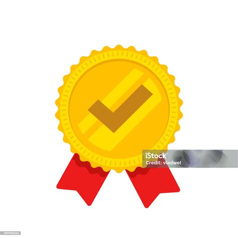 공로골든메달 벡터 아이콘 플랫 만화 일러스트 추천 인증 서비스 라벨 스탬프 품질 수상자 보증 컨셉으로 체크마크가 있는 로제트 리본 수상 상에 대한 스톡 벡터 아트 및 기타