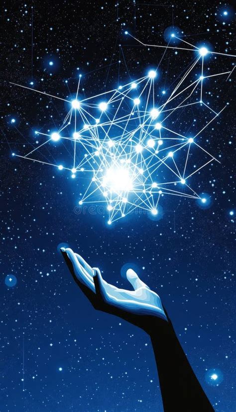 Hand Reaching For Glowing Digital Neural Network With Connected Nodes On Blue Background Stock