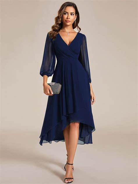 Ever Briarelegant Long Sleeve V Neck High Low Chiffon Wedding Guest D