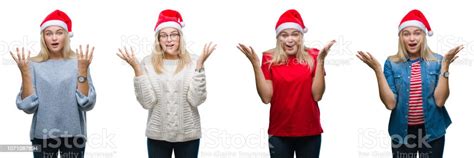 흰색 위에 크리스마스 모자를 쓰고 젊은 아름 다운 금발의 여 자가의 콜라주 절연 Backgroud 미친을 축 하 하 고 제기 하