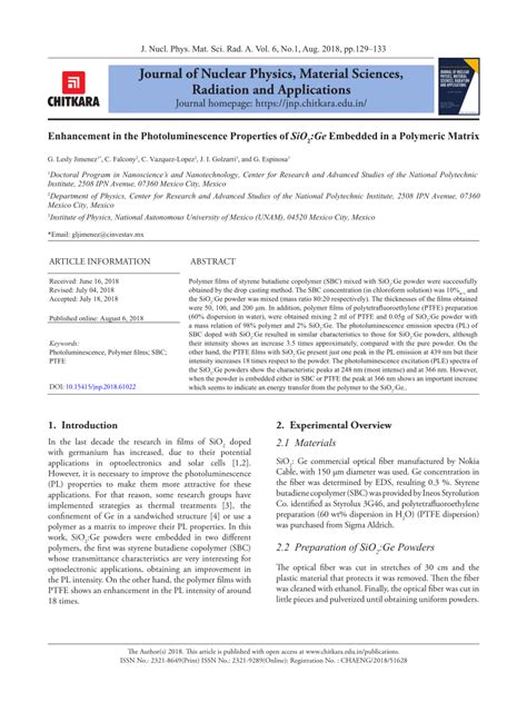 Pdf Enhancement In The Photoluminescence Properties Of Sio2 Ge Embedded In A Polymeric Matrix