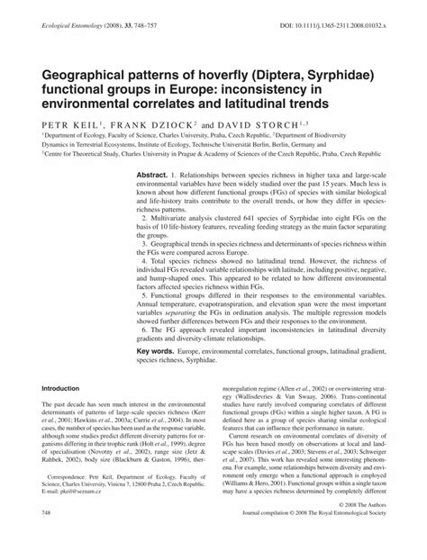 Pdf Geographical Patterns Of Hoverfl Y Diptera Syrphidae Functional Groups In Europe