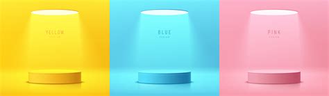 노란색 파란색 분홍색 및 흰색 실린더 받침대 연단이 있는 3d 배경 세트 빛나는 천장 조명 파스텔 최소 벽 장면 모형 제품
