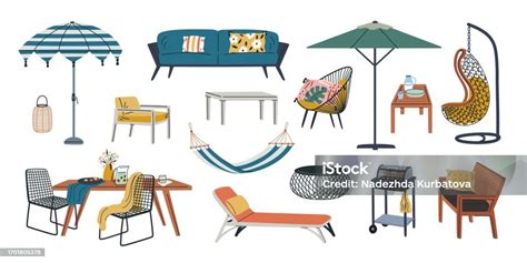 만화 정원 가구입니다 뒤뜰은 물건을 편안하게합니다 영토 조경 요소 긴 의자 우산 천막 아래 해먹 바베큐 그릴 의자가 있는 테이블 화려한 벡터 세트 뒤뜰에 대한 스톡 벡터