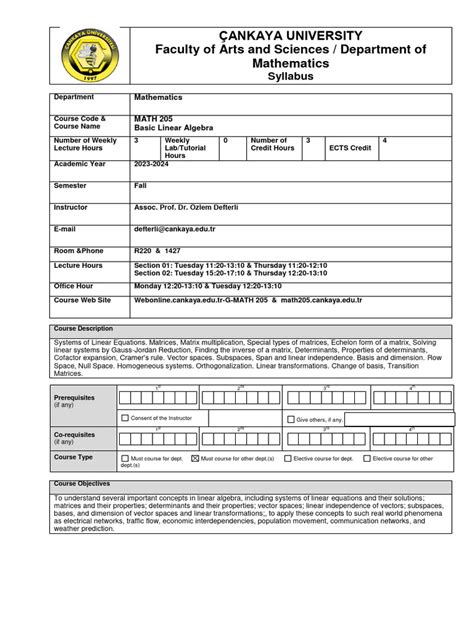 Syllabus Math 205 Pdf Matrix Mathematics Linear Map