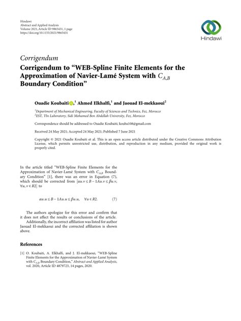 Pdf Corrigendum To “web Spline Finite Elements For The Approximation Of Navier Lamé System