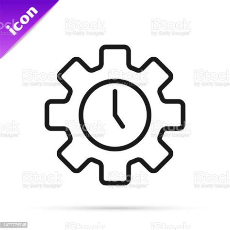 흰색 배경에 격리된 블랙 라인 시간 관리 아이콘입니다 시계 및 기어 표지판 생산성 기호 벡터 강철에 대한 스톡 벡터 아트 및