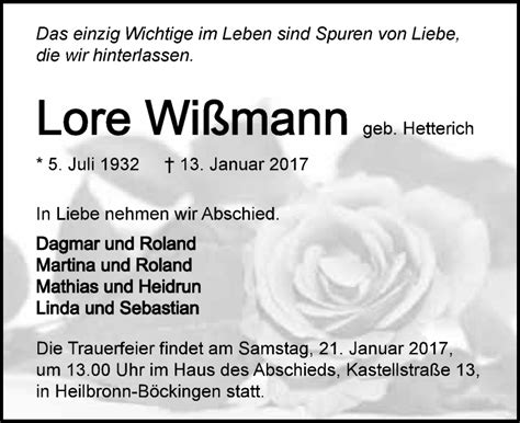 Traueranzeigen Von Lore Wißmann Trauerundgedenken De