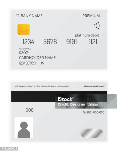 카드 신용 은행 양면 앞면과 뒷면 흰색 배경에 상세한 현실적인 직불 카드 프리젠 테이션을위한 신용 카드 템플릿 디자인입니다 돈 지불 기호 0명에 대한 스톡 벡터 아트 및