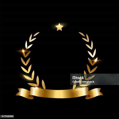 황금 리본과 별이 있는 현실적인 금 월계관 프리미엄 휘장 검은 배경에 전통적인 승리 상징 승리 승리 포스터 배너 레이아웃 빛나는 프레임 테두리 3차원 형태에 대한 스톡 벡터