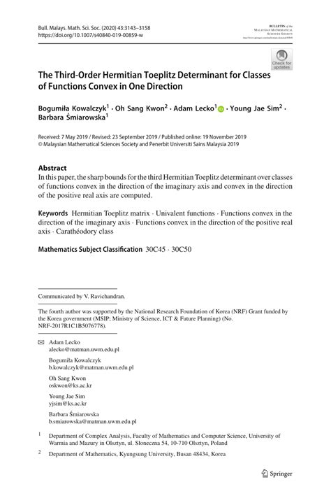 Pdf The Third Order Hermitian Toeplitz Determinant For Classes Of Functions Convex In One