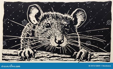 Captivating Black And White Rat Lino Print Inspired By Xing Xing Stock Illustration