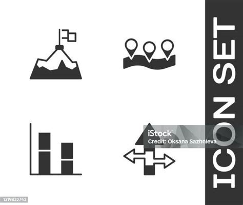 화살표 플래그 그래프 차트 다이어그램 및 위치 아이콘이 있는 산을 설정합니다 벡터 개념에 대한 스톡 벡터 아트 및 기타 이미지 개념 경쟁 과녁 Istock