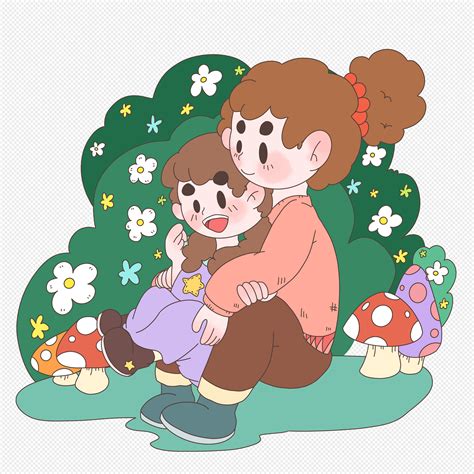 부모 자식 상호 작용 어머니와 자식 더블 만화 손으로 그린 문자 봄 숲 Png 일러스트 무료 다운로드 Lovepik