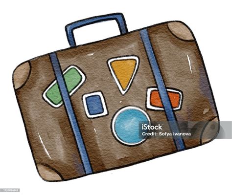 스티커가 붙어 있는 여름 방학 핸드백을 여행하는 수채화 손 그리기 카드 포스터 엽서 배경 인쇄 초대에 사용 0명에 대한 스톡 벡터 아트 및 기타 이미지 Istock
