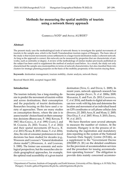 Pdf Methods For Measuring The Spatial Mobility Of Tourists Using A Network Theory Approach