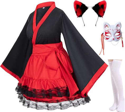 Elibelle Japanese Anime Red And White Kimono Fox Cosplay Costume With