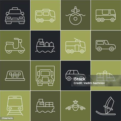윈드 서핑 트램 및 철도 자동차 잠수함 유조선 스쿠터 택시 자동차 및 트롤리 버스 아이콘을 설정합니다 벡터 교통수단에 대한 스톡