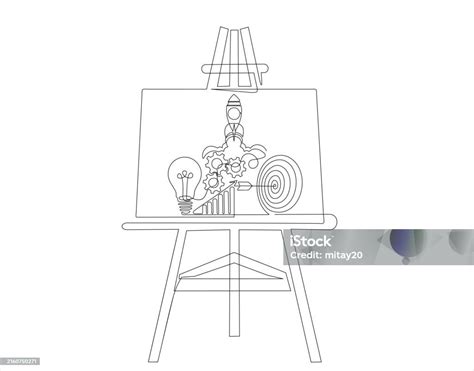 이젤 위에 전구 중 다트 보드 화살표 막대 그래프를 늘리고 로켓 발사 배를 연속적인 1 선 그리기로 그려 있습니다 스타트업 아이디어 및 성공적인 교육 또는 비즈니스 성공