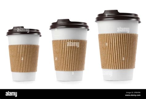 Paper Coffee Cups Of Different Sizes On White Background Collage Stock