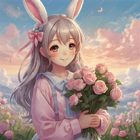 Anime Bunny Girl With Fluffy Ears And A Timid Smile Dressed In A Pastel