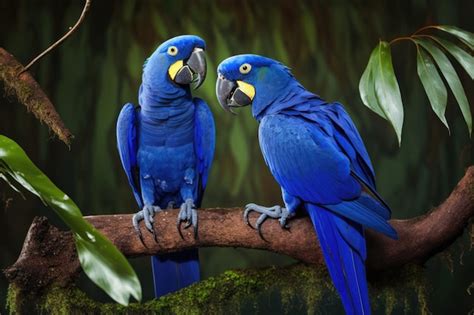 Par De Arara Azul De Anodorhynchus Hyacinthinus Com Bicos Em Contato