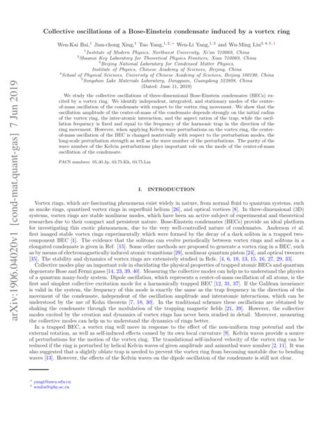 Pdf Collective Oscillations Of A Bose Einstein Condensate Induced By A Vortex Ring