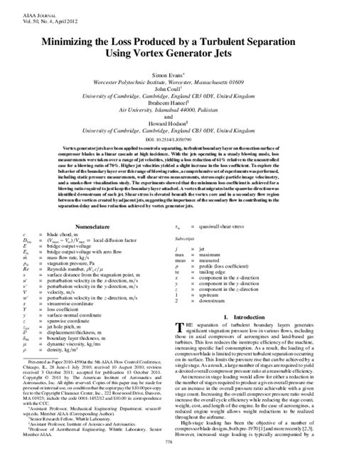 Pdf Minimizing The Loss Produced By A Turbulent Separation Using Vortex Generator Jets John