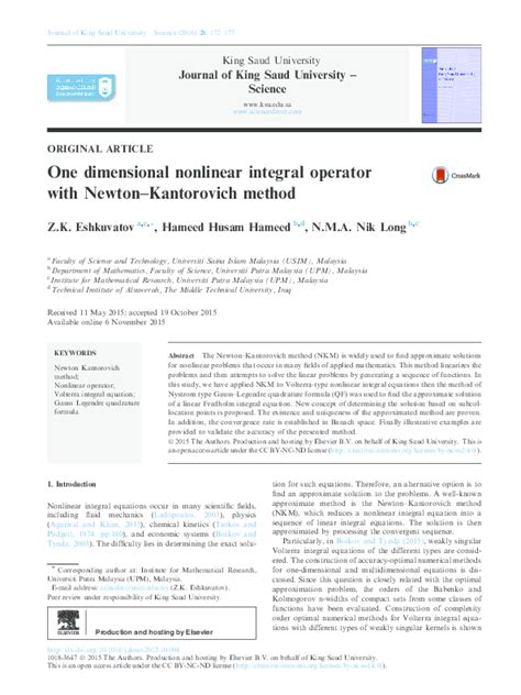 Pdf One Dimensional Nonlinear Integral Operator With Newtonkantorovich Method
