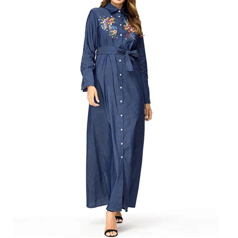 2018 Women Autumn Button Down Front Denim Embroidered A Line Long Dress With Belt Plus Size In
