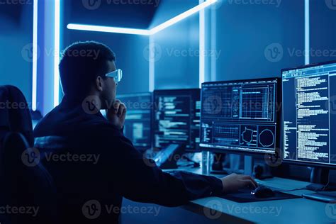 ai generated software develper man wearing glasses working coding write a program develope ai