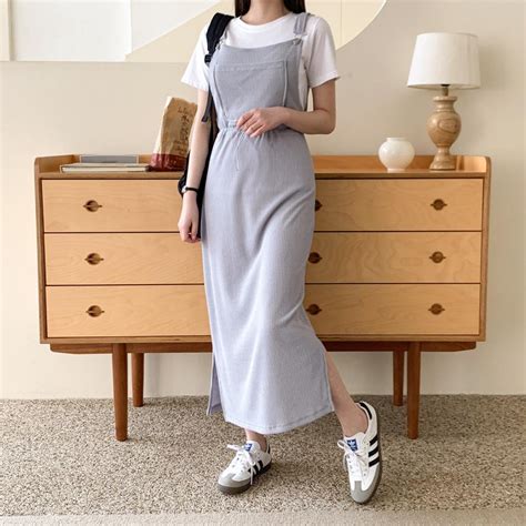 옷자락 여자 포켓 골지 트임 허리 쭈리 여름 멜빵 롱 원피스