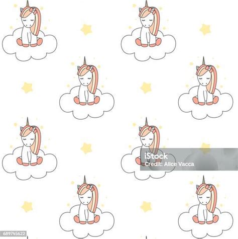 귀여운 구름 원활한 벡터 패턴 배경 일러스트 레이 션에 작은 유니콘 만화 구름에 대한 스톡 벡터 아트 및 기타 이미지 구름 귀여운 꿈같은 Istock
