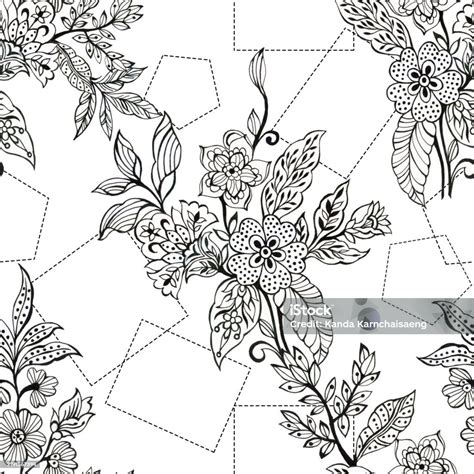 흑인과 백인 윤곽선 완벽 한 패턴 꽃 배경 꽃 벽지 흰색 배경에 식물 그려진 장식 꽃 패턴 가정 장식 패브릭 카펫 포장 카드 디자인 0명에 대한 스톡 벡터 아트 및 기타