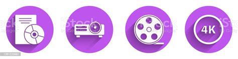 Cd 또는 Dvd 디스크 영화 필름 미디어 프로젝터 필름 릴 및 긴 그림자가있는 4k 울트라 Hd 아이콘을 설정합니다 벡터 결심에 대한 스톡 벡터 아트 및 기타 이미지
