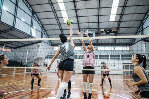 여자 배구 선수가 다른 팀이 스포츠 코트에서 수비하는 동안 공을 스파이크하는 배구에 대한 스톡 사진 및 기타 이미지 배구 배구공 실내 Istock
