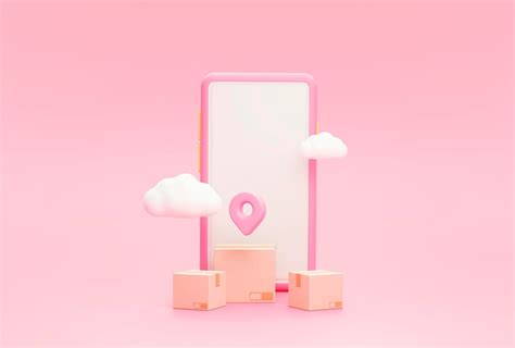 스마트폰 및 핀 포인터 표시 위치 및 소포 상자 분홍색 배경 3d 렌더링 그림에 온라인 배달 운송 물류 개념 무료 사진