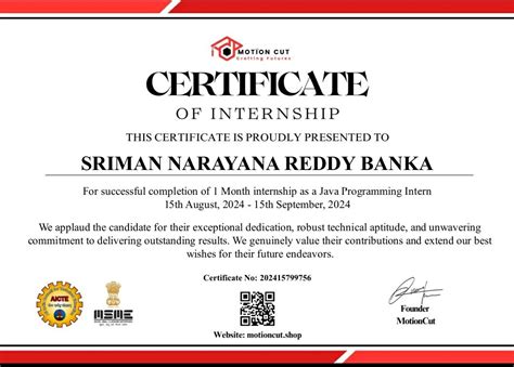 Completed Java Internship With Motioncut And Aicte Srimannarayana Reddy Banka Posted On The