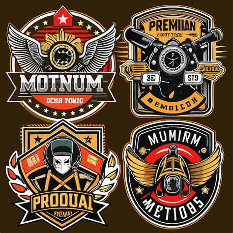 Four Colorful Stylized And Unique Emblems With Stars Wings And Text