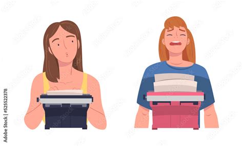 Girl Authors Typing On Retro Typewriters Journalist Copywriter Novelist Or Writer Using Old