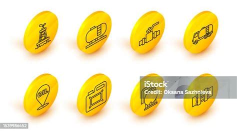 세트 라인 금속 파이프 및 밸브 오일 탱크 저장소 엔진 오일 캐니스터 휘발유 연료 위치 보충 유조선 트럭 및 장비 아이콘 벡터 0명에 대한 스톡 벡터 아트 및 기타 이미지