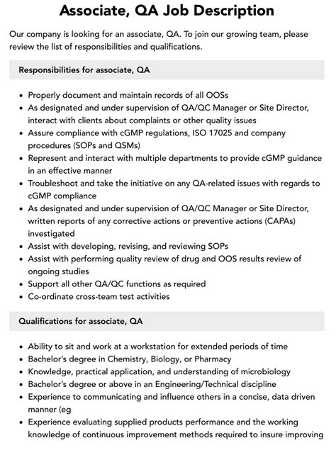 Associate Qa Job Description Velvet Jobs