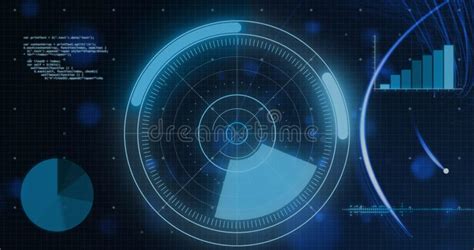 Image Of Circular Scanner And Processing Data Over Blue Light Spots On Black Background Stock