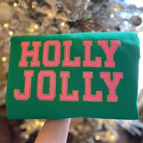 Holly Jolly Embroidered Christmas Sweatshirt Womens Holiday Crewneck