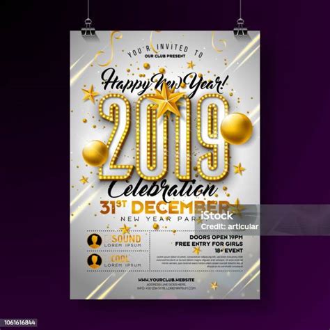 2019 새 해 파티 축 하 포스터 템플릿 그림 조명 전구 번호와 골드 크리스마스 흰색 바탕에 공 휴일 프리미엄 초대 전단 이나 프로 모션 배너 벡터 새해에 대한 스톡 벡터 2019 새 해 파티 축 하 포스터 템플릿 그림 조명 전구 번호와 골드 크리스마스 흰색 바탕에 공 휴일 프리미엄 초대 전단 이나 프로 모션 배너 벡터 새해에 대한 스톡 벡터